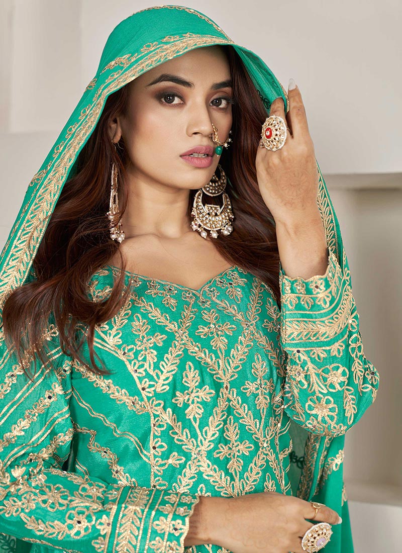 Shop Turquoise Chinon Embroidered And Mirror Work Pakistani Palazzo ...