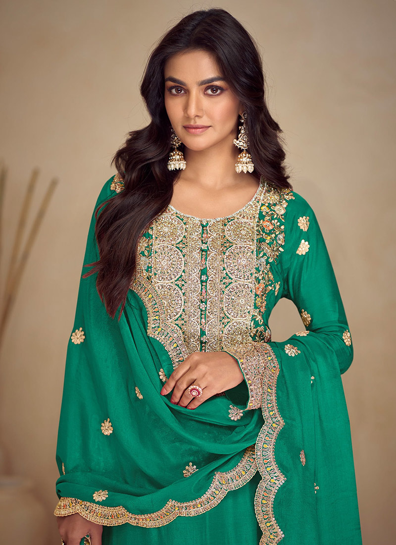 Shop Turquoise Chinon Embroidered Sequins Stone Hand Work Palazzo Suit ...