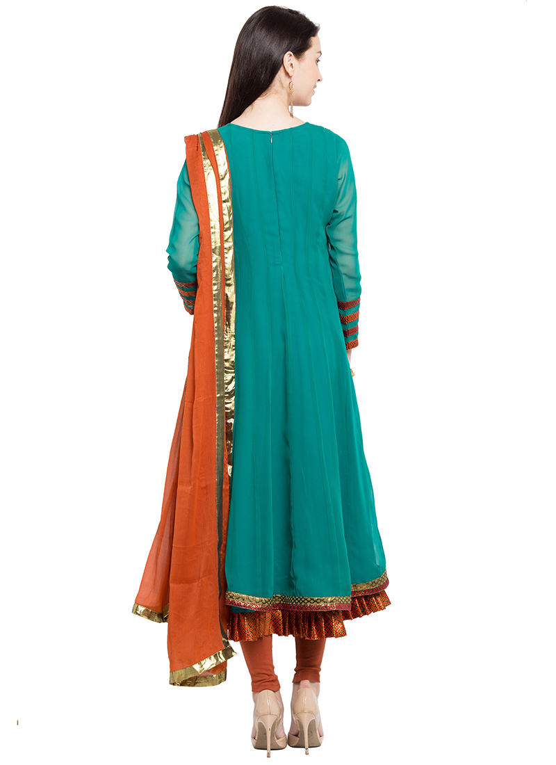 Shop Turquoise Green Georgette Embroidered Kalidar Suit Party Wear ...