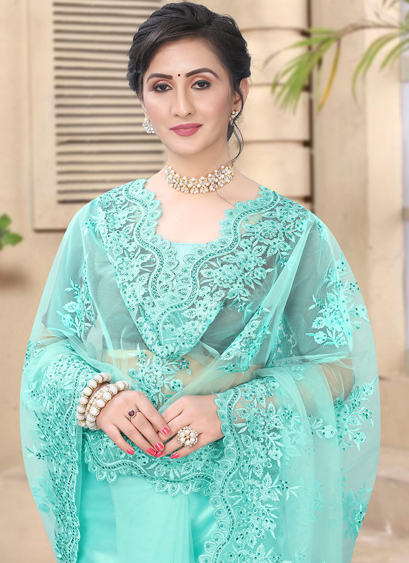 Shop Turquoise Net Saree Party Wear Online at Best Price | Cbazaar