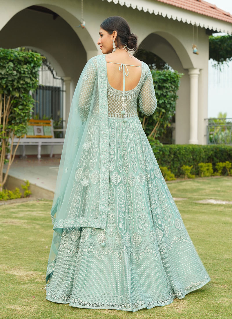 Shop Turquoise Net Zari Embroidered Stone Work Ravishing Anarkali Suit ...