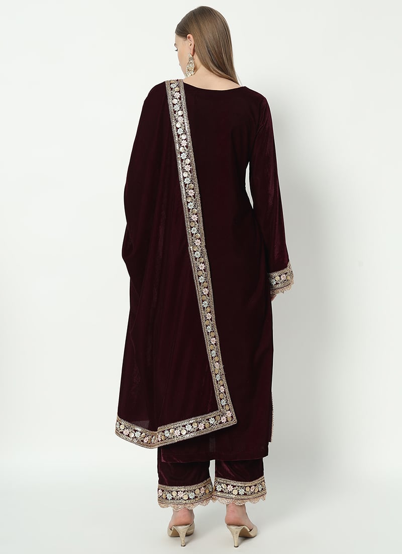 Shop Velvet Lace Work Dark Wine Straight Pant Suit Party Wear Online at ...