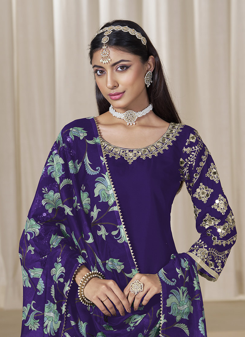 Shop Violet Roman Silk Zari Embroidered Mirror Work Salwar Suit Festive Wear Online at Best ...