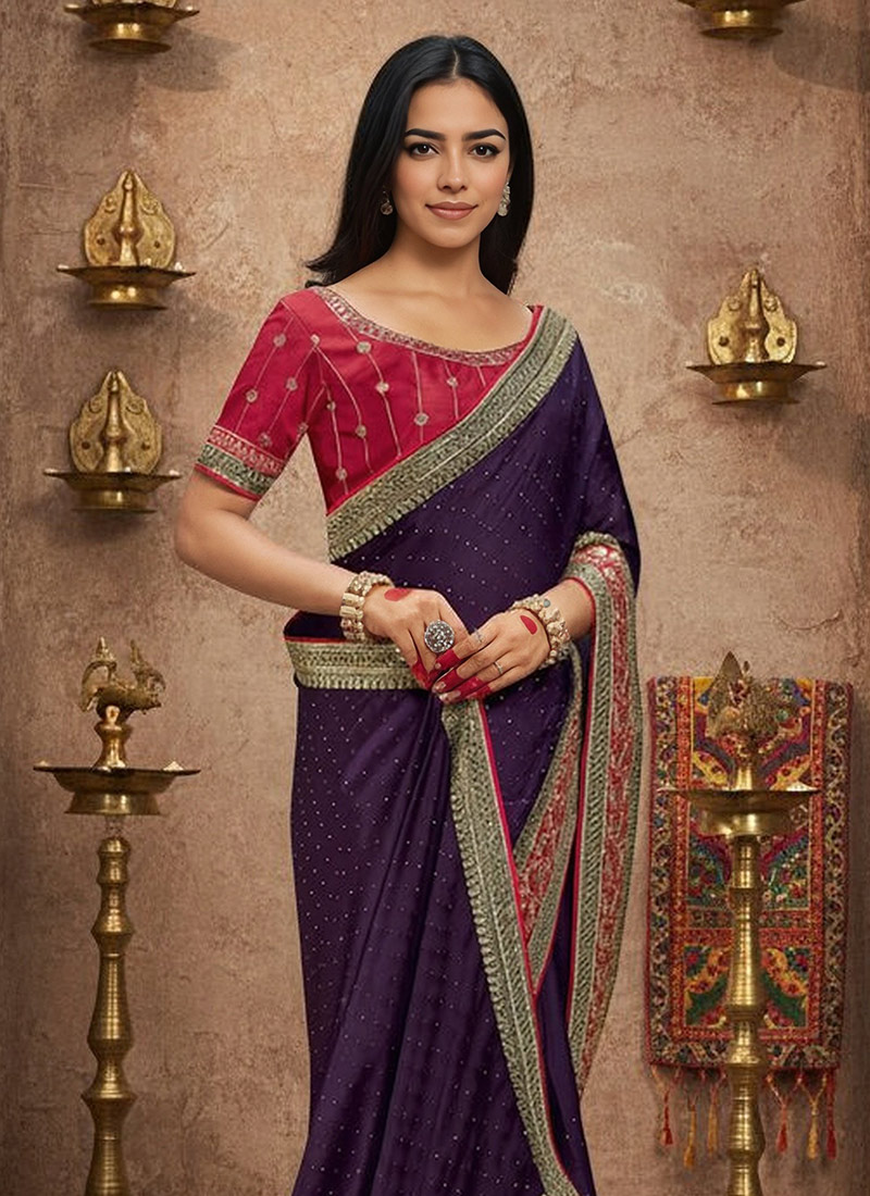 Shop Violet Satin Embroidered Stones And Zari Saree Festive Wear In