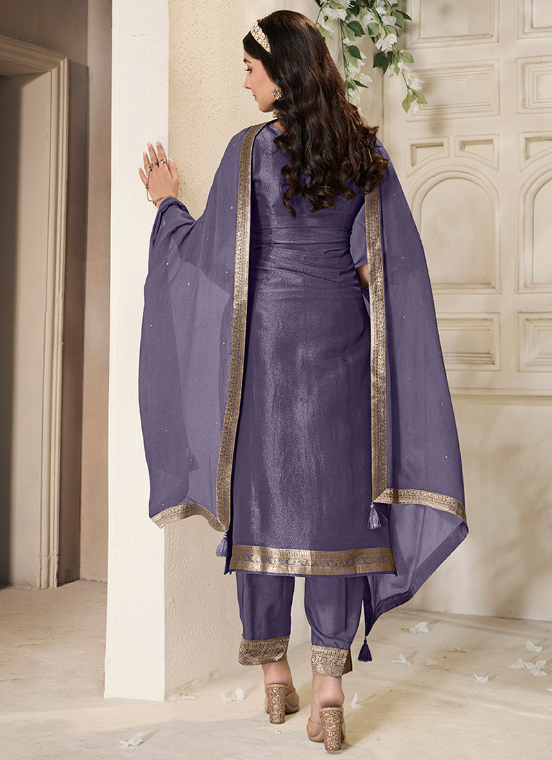 Shop Violet Tissue Silk Jacquard Woven Straight Pant Suit Festive Wear ...