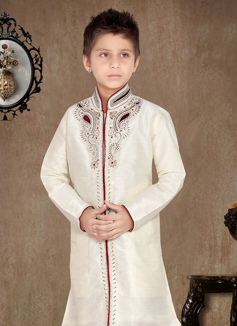 Shop White Art Dupion Silk Kids Kurta Pyjama Online at Best Price | Cbazaar