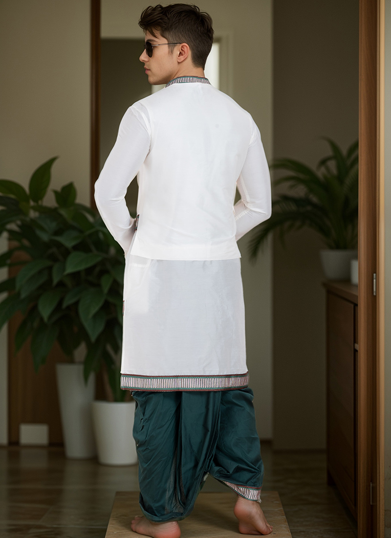 Shop White Banarasi Dhupion Silk Dhoti Style Kurta Pyjama For Men ...