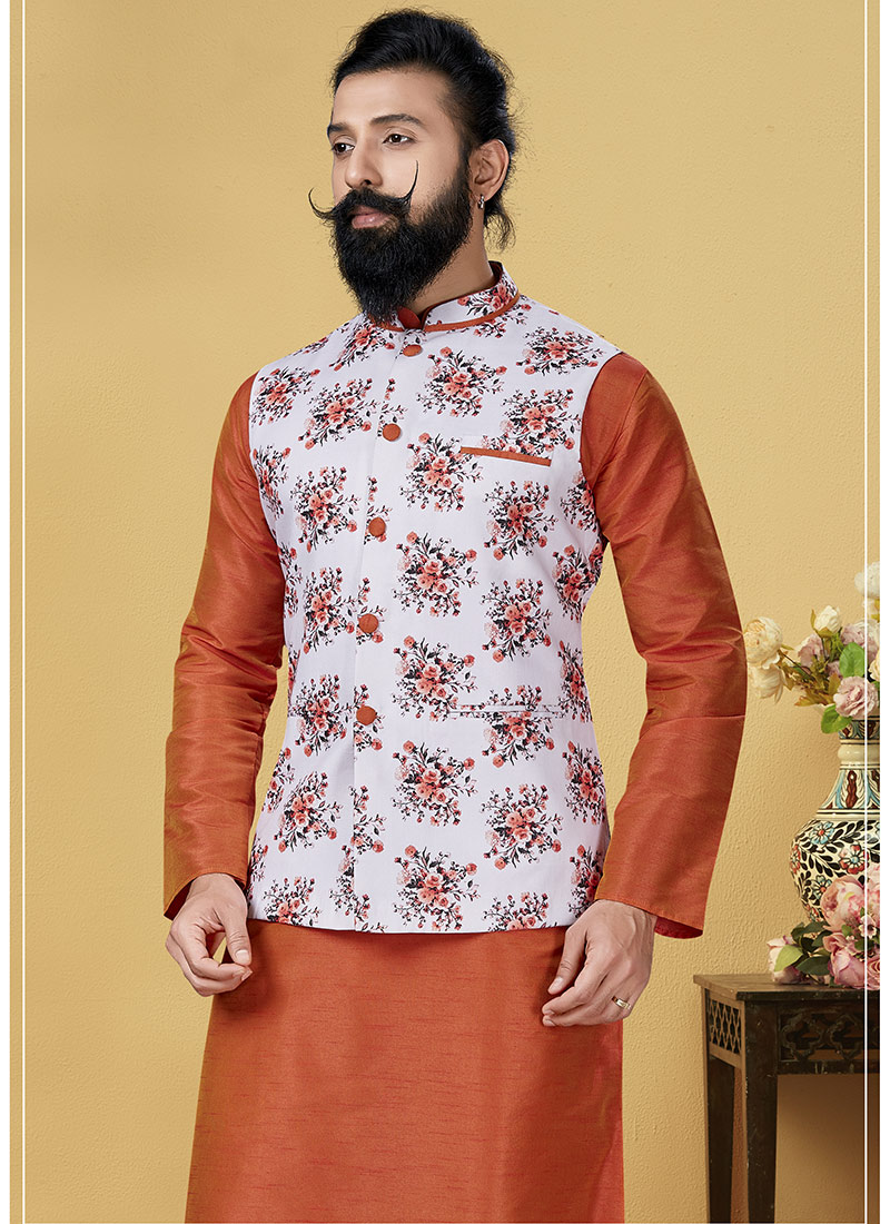 Shop White Dupion Silk Printed Bandi Set Party Wear Online at Best ...