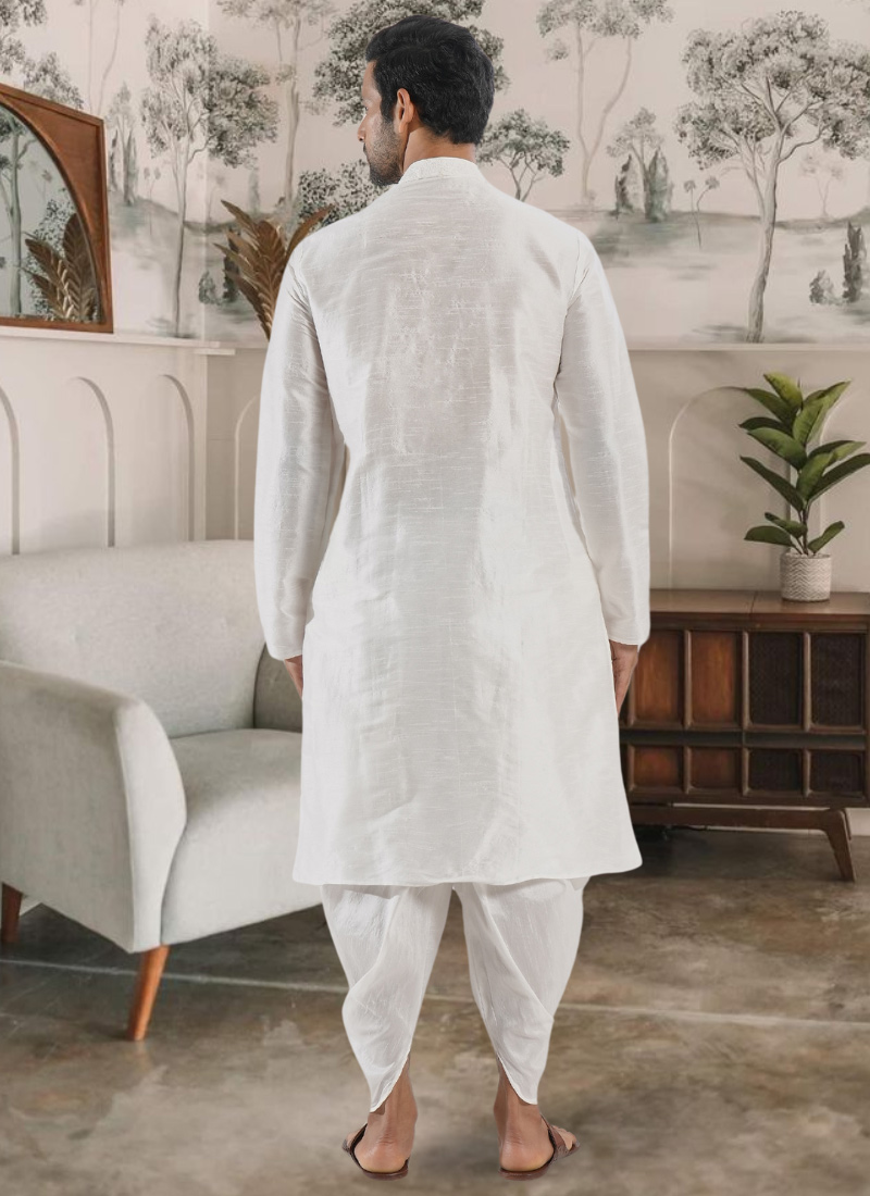 Buy White Silk Embroidered Kurta With Dhoti Style Pyjama Festive Wear ...