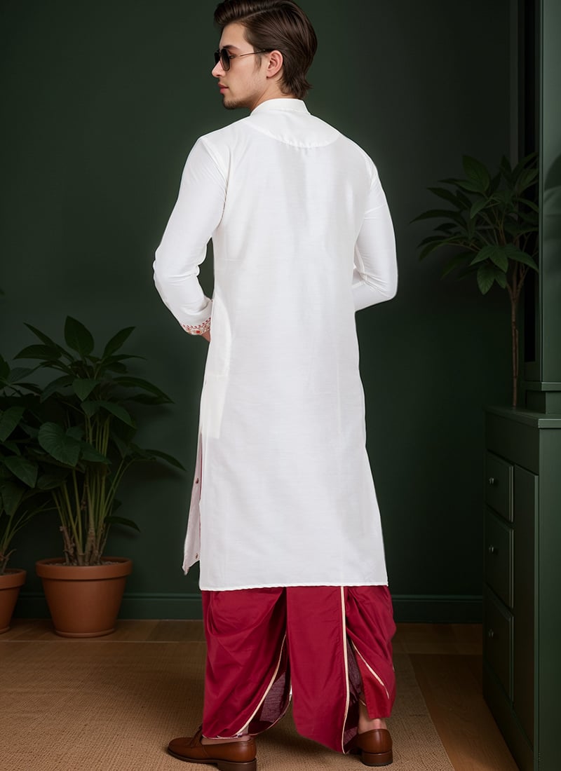 Buy White Viscose Embroidered Dhoti Style Kurta Pyjama For Men Festive ...