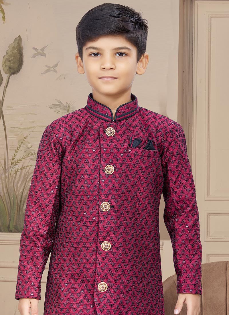 Shop Wine Art Silk Embroidered Sherwani For Boys Festive Wear Online at Best Price | Cbazaar