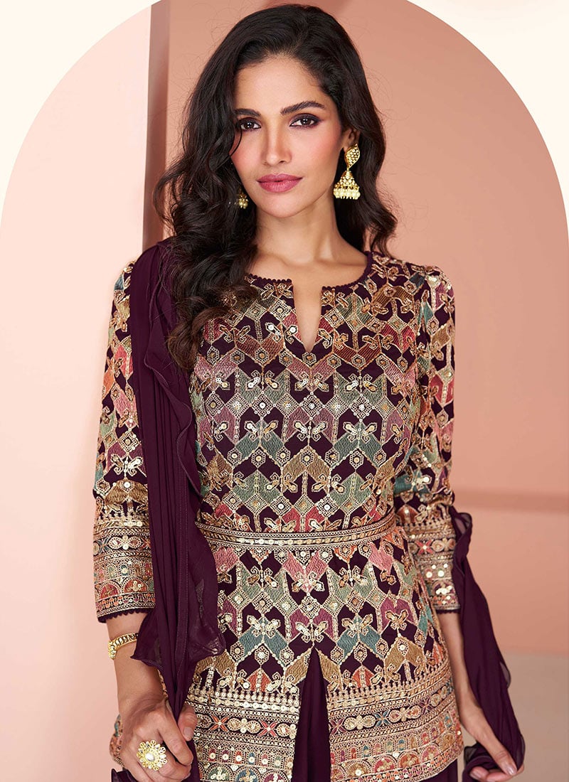Shop Wine Faux Georgette Embroidered Palazzo Suit Party Wear Online at ...