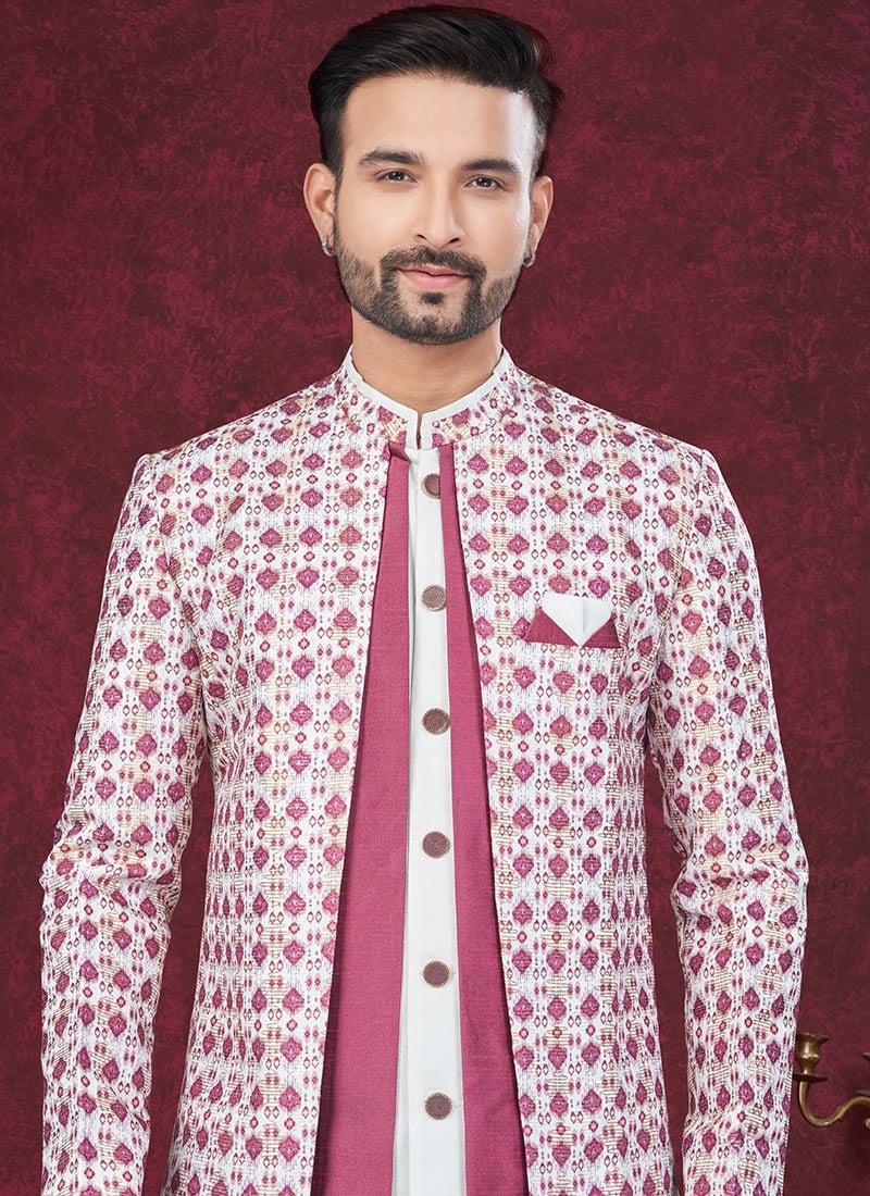 Shop Wine Jacqard Banarasi Silk Digital Print Thread Work Indowestern ...