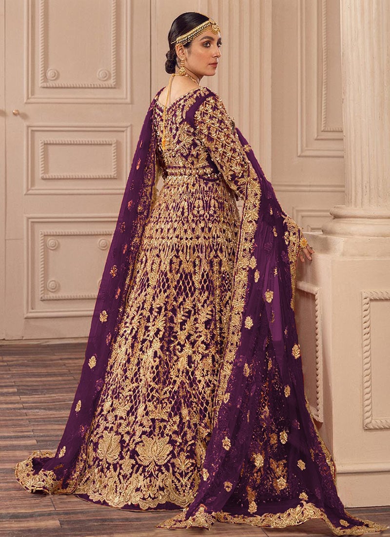 Shop Wine Net Zari Embroidered Sequins With Stone Anarkali Suit Wedding ...