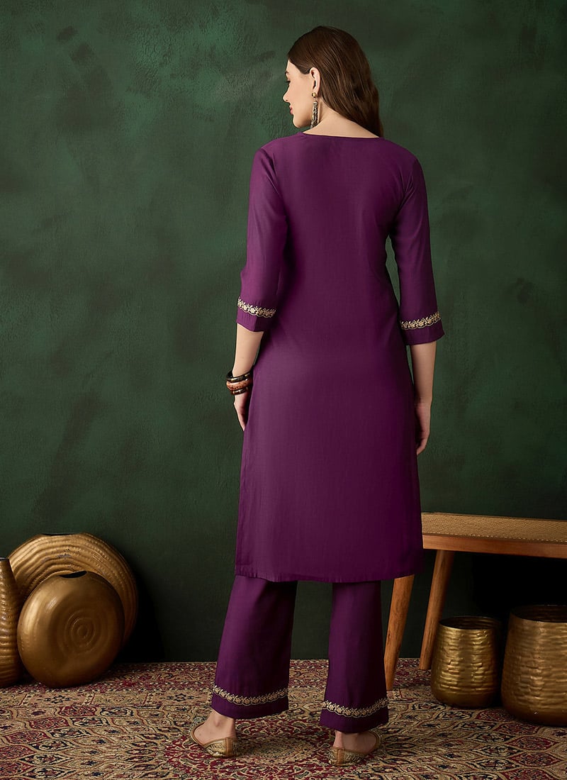 Shop Wine Silk Embroidered Sequins Kurta Straight Pant Suit After Six ...