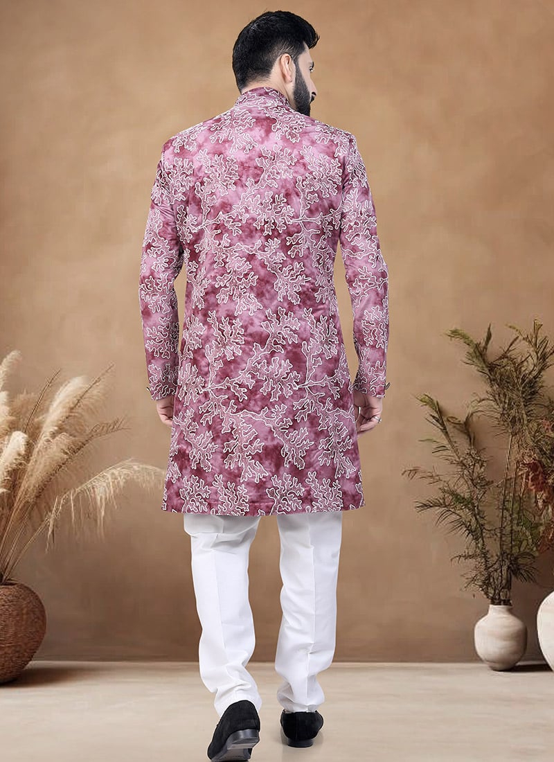 Shop Wine Velvet Embroidered Thread Classic Sherwani Wedding Wear in UK ...