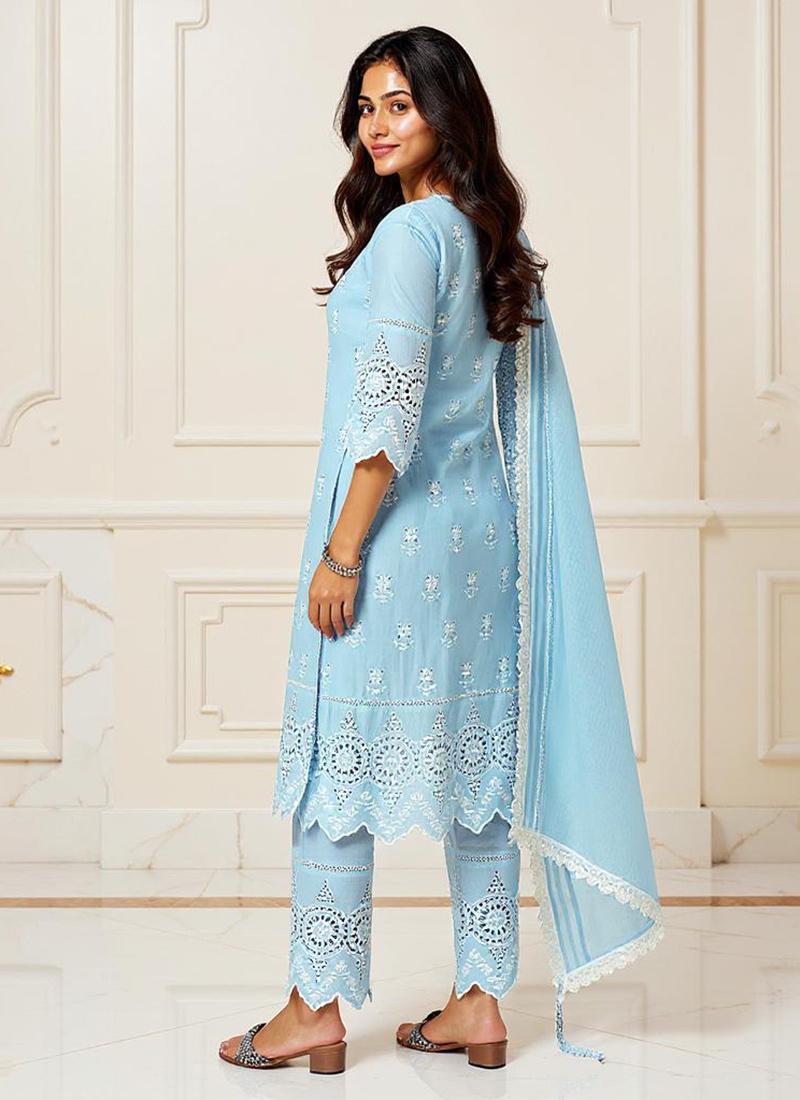 Buy Womens Sky Blue Cotton Embroidered Cut Work Straight Pant Set With ...