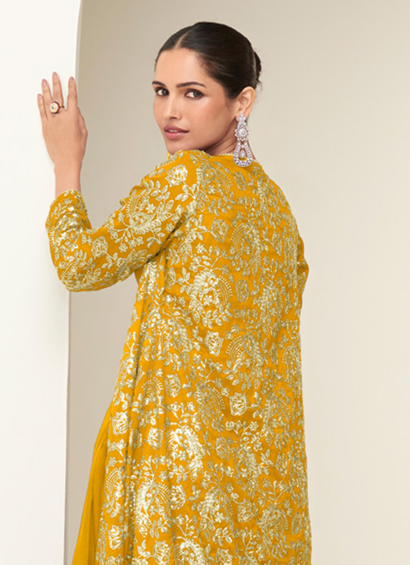 Shop Yellow Chinon Silk Zari Embroidered Sequins Indowestern Jacket ...