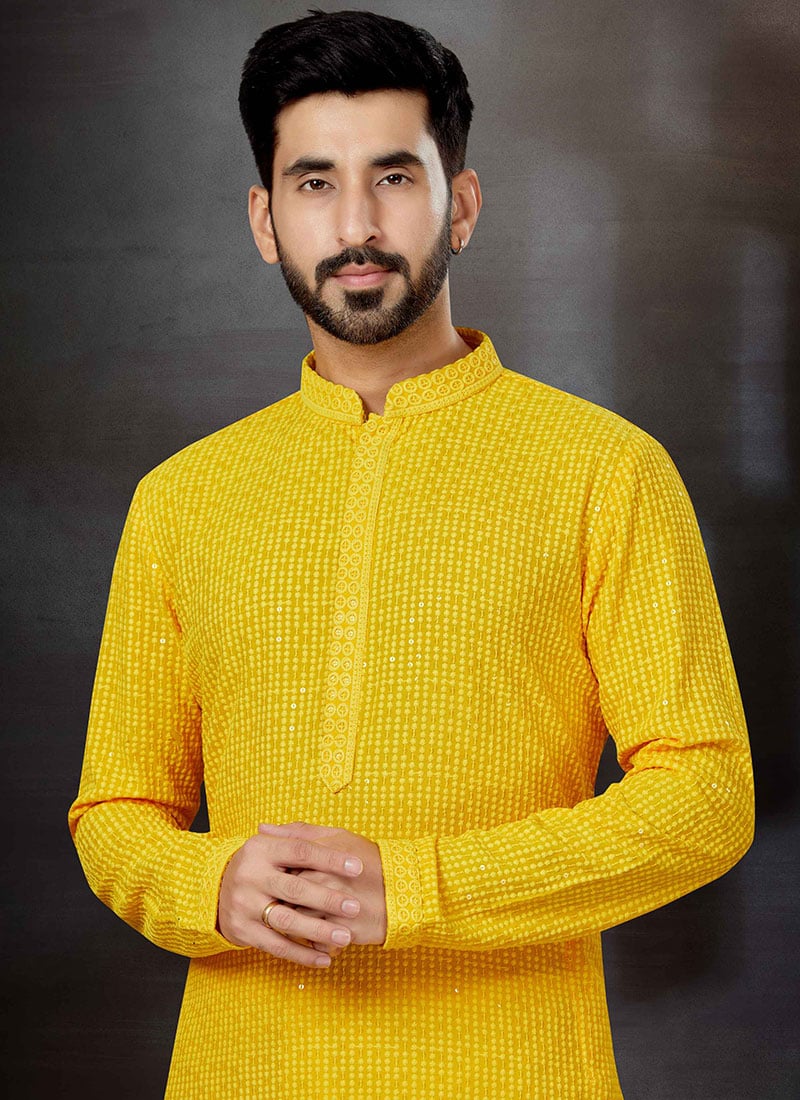 Shop Yellow Cotton Lucknowi Embroidery Kurta Pyjama Party Wear Online ...