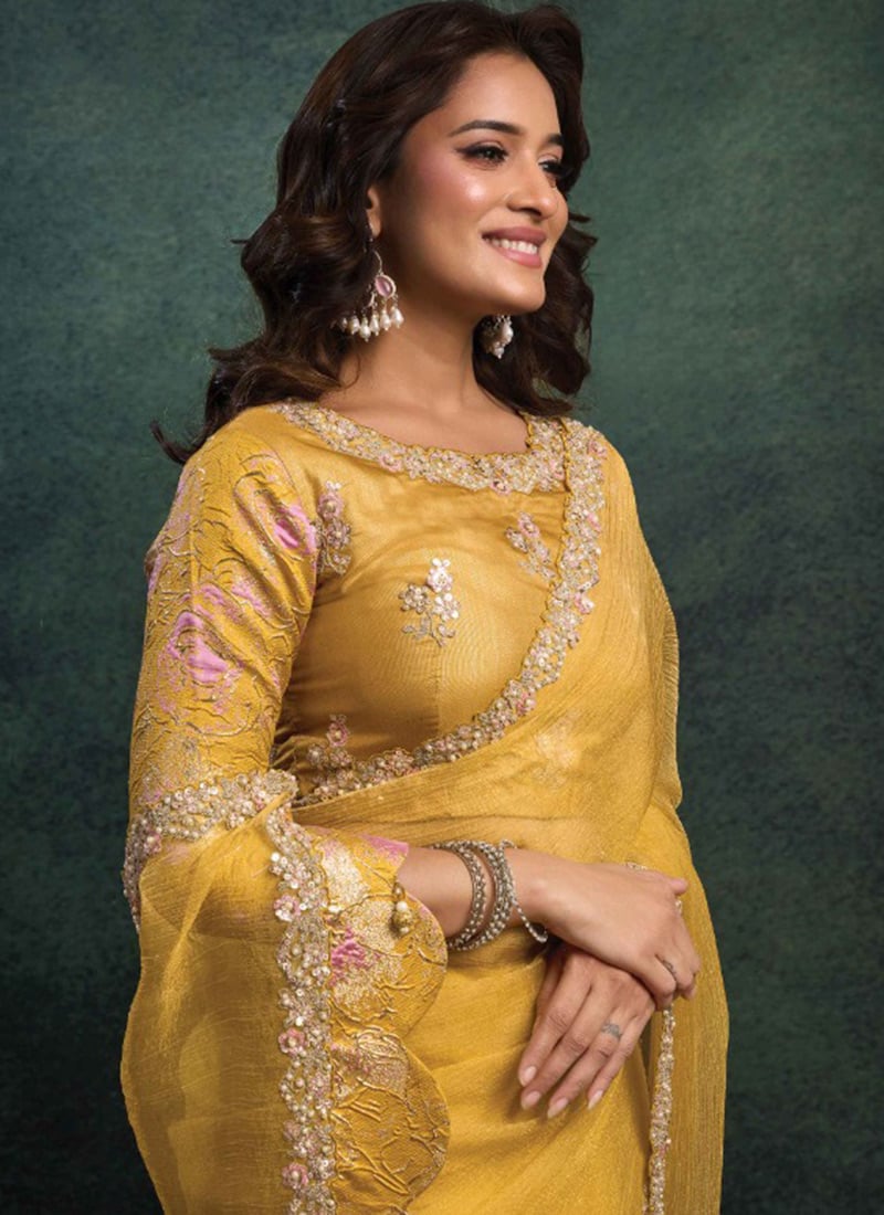 Buy Yellow Crush Organza Silk Sequins Moti Stones Hand Embroidered ...