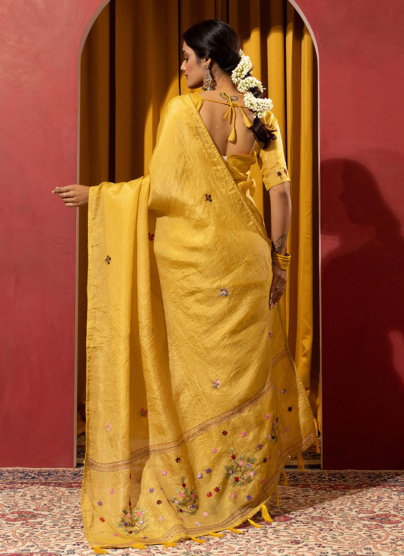 Shop Yellow Crush Silk Thread Saree Festive Wear in UK - Cbazaar