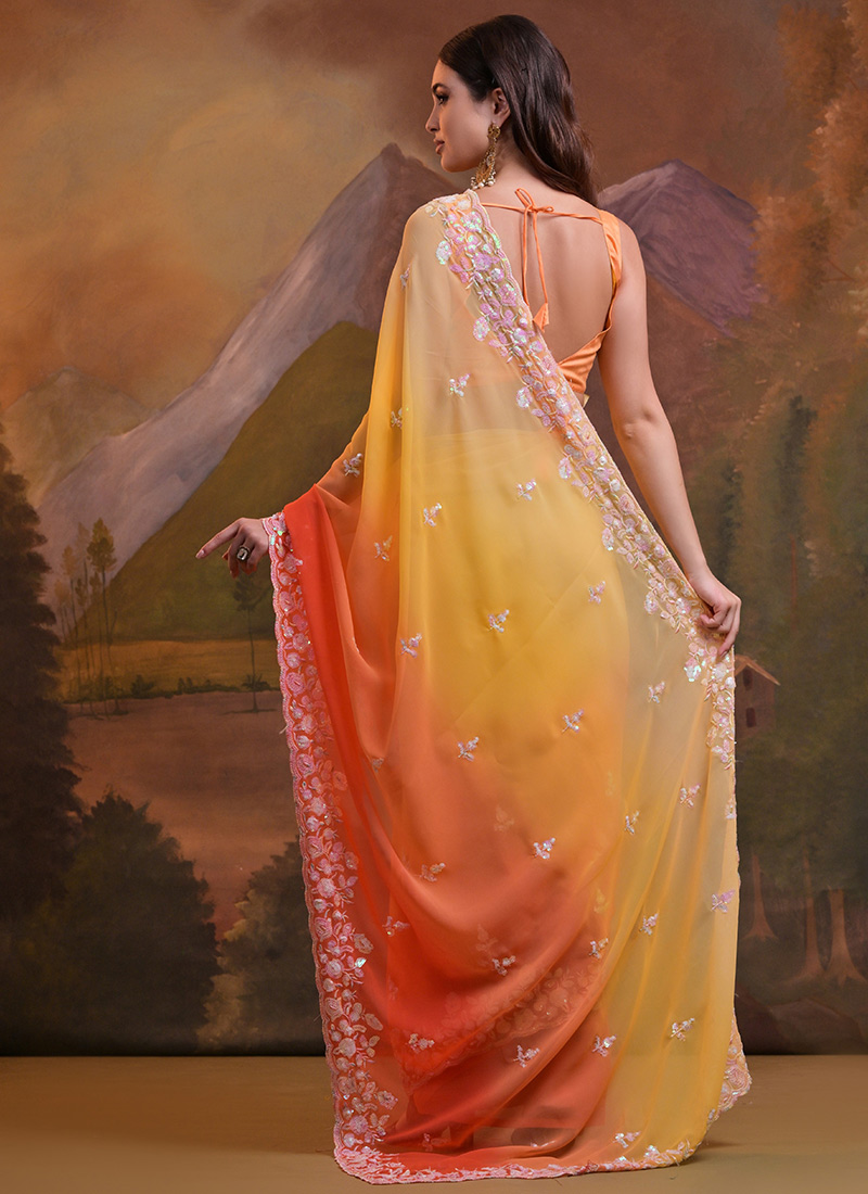 Buy Yellow Faux Georgette Sequins Dual Shade Border Saree With Matching Blouse Party Wear Online ...