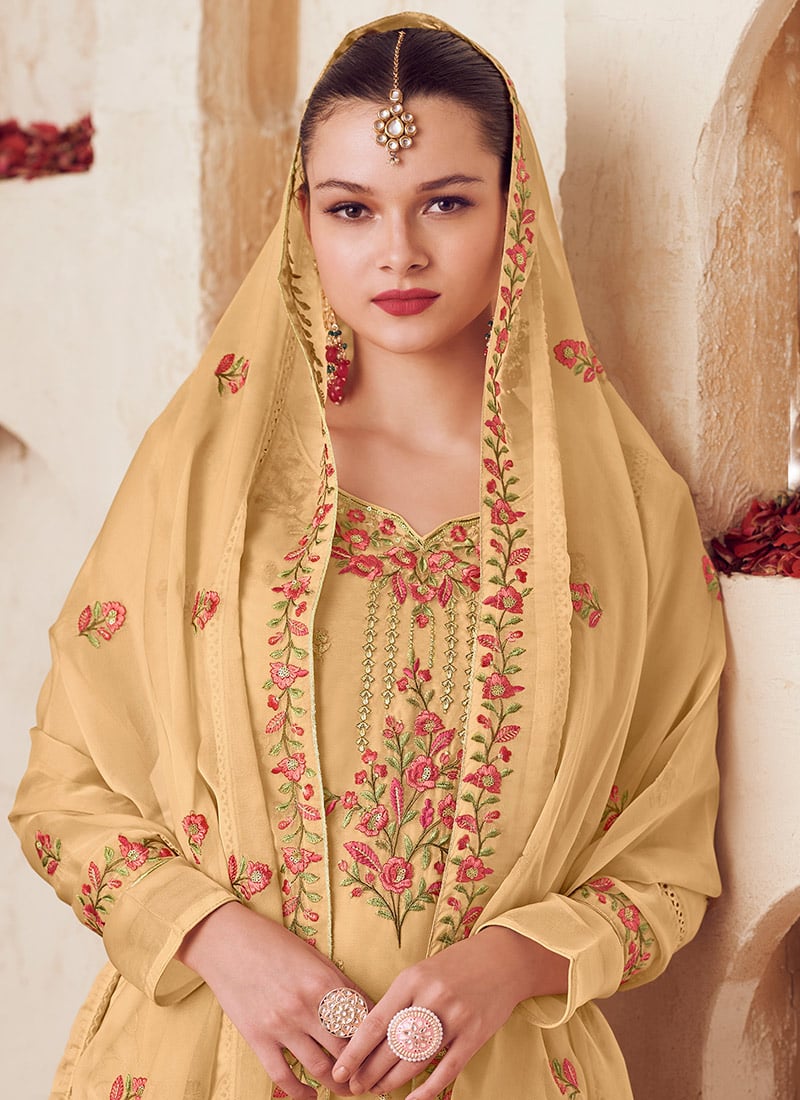 Buy Yellow Organza Embroidered Straight Pant Suit Party Wear Online at ...