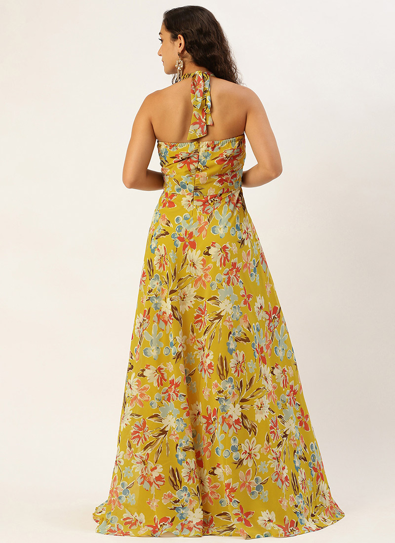 Shop Yellow Printed Halter Neck Georgette Party Wear Online at Best ...