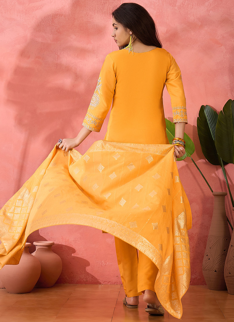 Buy Yellow Roman Silk Embroidered Straight Pant Suit With Jacquard ...