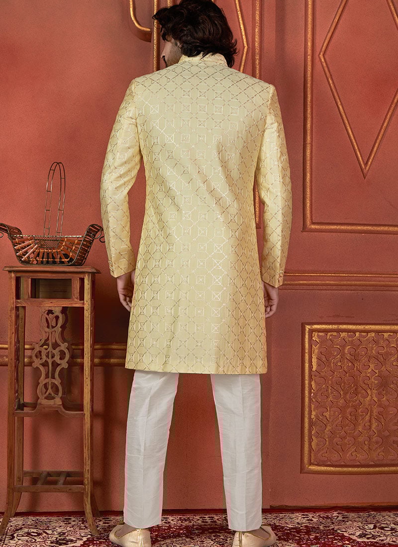 Buy Yellow Silk Sequins Indowestern 3 Piece Jacket Style Sherwani Party ...
