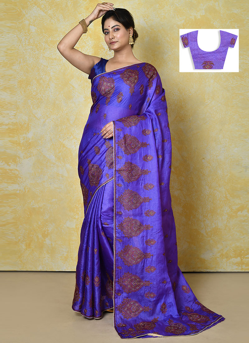 Buy Pure Silk Tussar Silk Violet Color Embroidery Saree Festive Wear ...