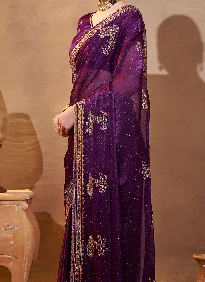Shop Purple Fendi Satin Embroidered And Stone Work Saree Festive Wear ...