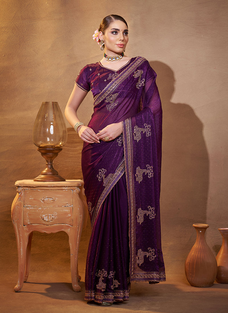 Shop Purple Fendi Satin Embroidered And Stone Work Saree Festive Wear ...