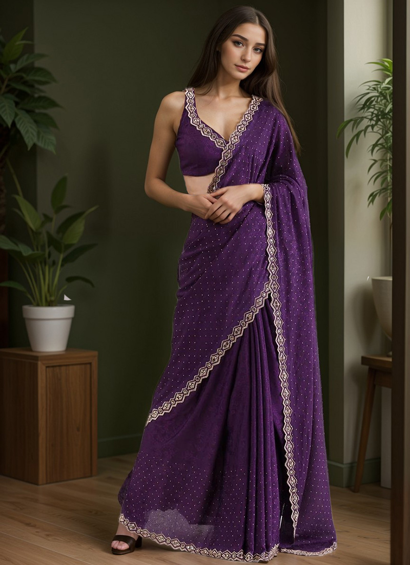 Shop Purple Georgette Cut Dana Zari Stone Work Saree After Six Wear ...