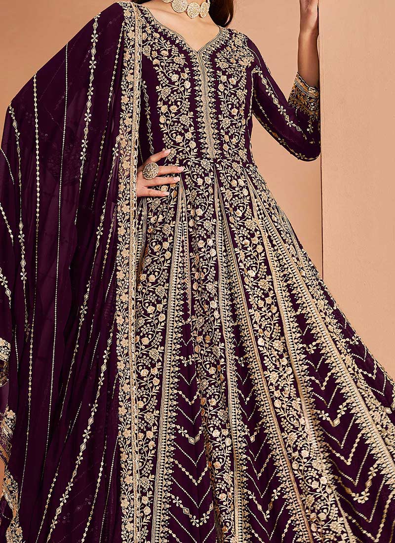 Buy Purple Georgette Zari Embroidered Sequins A Line Anarkali Suit ...