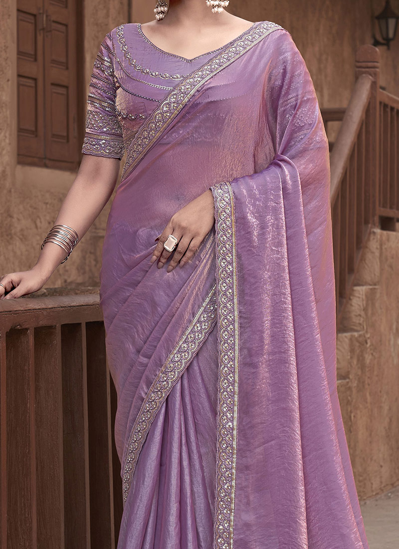 Buy Purple Gradient Satin Silk Embroidered Beads Sequins Saree Wedding Wear Online at Best Price ...