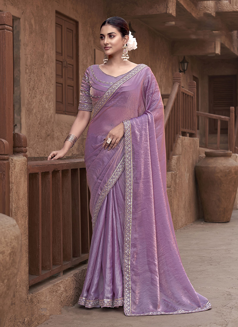 Buy Purple Gradient Satin Silk Embroidered Beads Sequins Saree Wedding ...