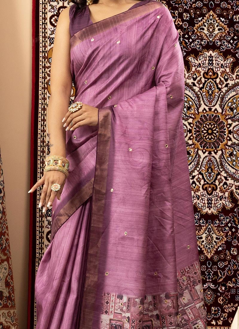 Buy Purple Handloom Silk Thread And Digital Print Saree Festive Wear ...