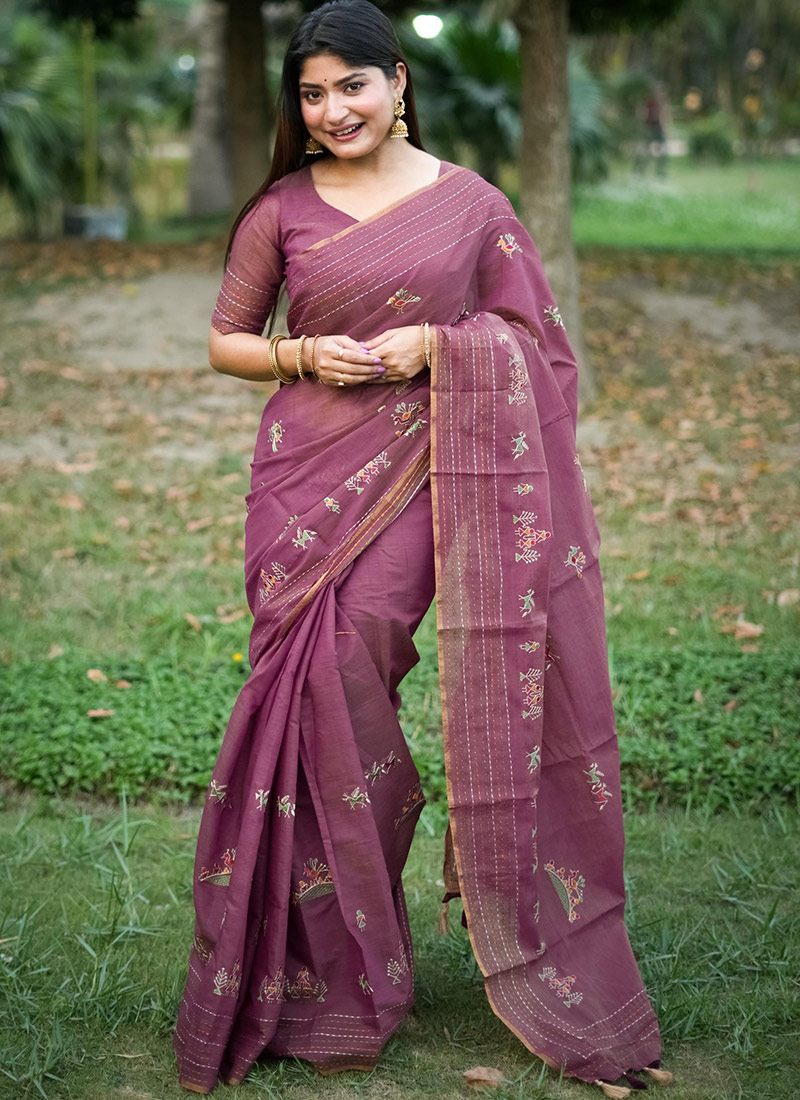 Buy Purple Khadi Tussar Silk Kantha Embroidered Saree Festive Wear ...