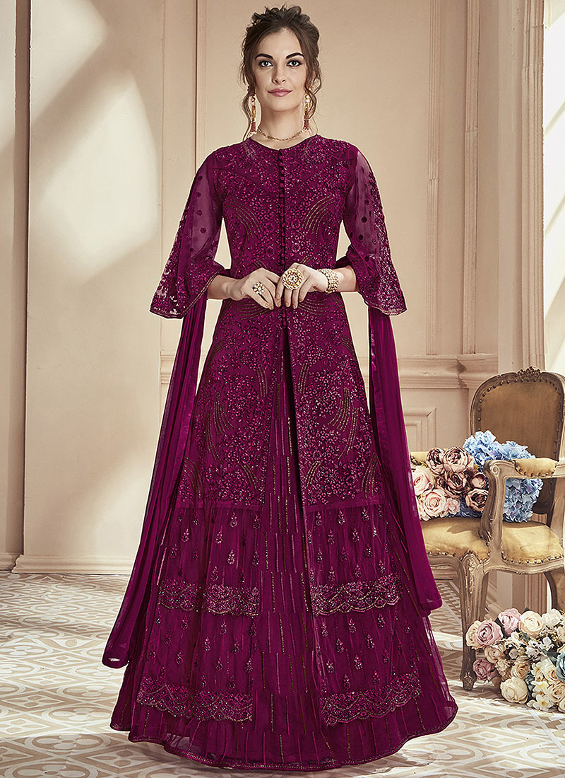 Shop Purple Net Long Choli A Line Lehenga Party Wear in UK - Cbazaar