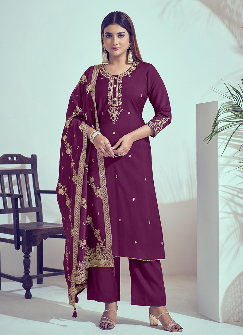 Shop Purple Roman Silk Banarasi Embroidered Sequins Straight Pant Suit ...