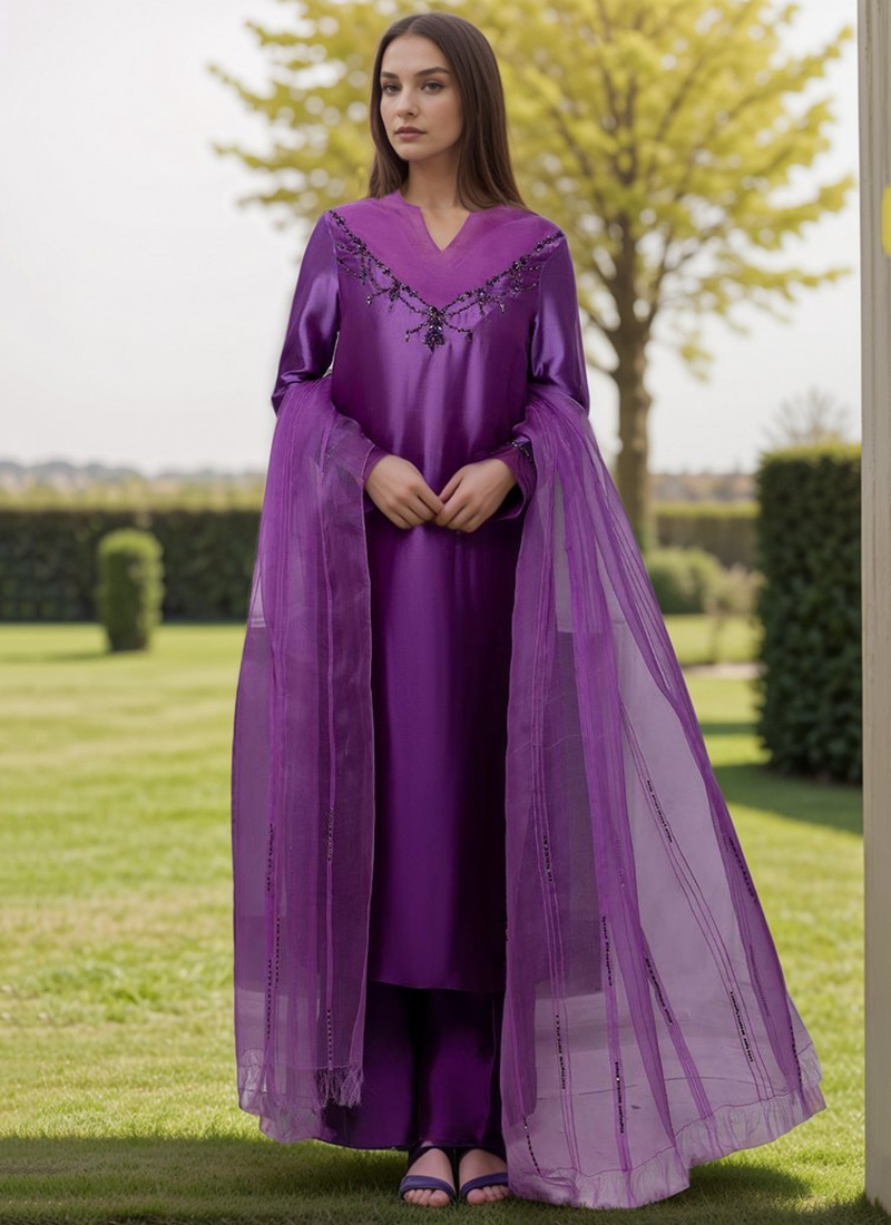 Buy Purple Satin Cut Dana Hand Embroidered Palazzo Suit Festive Wear ...