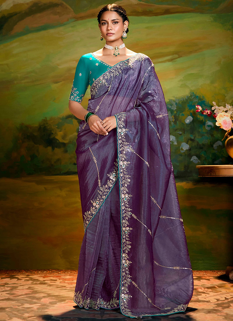Shop Purple Tissue Silk Embroidered Sequins Hand Work Saree Wedding ...