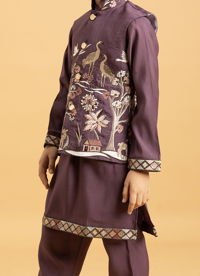 Buy Purple Viscose Silk Embroidered Sequins Kids Boys Bandi Set Festive ...