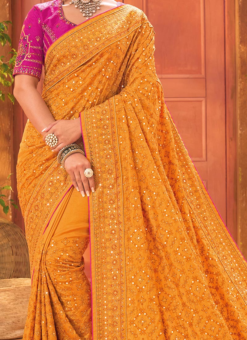 Buy Radiant Embroidered Mirror Work Banarasi Silk Saree Party Wear ...