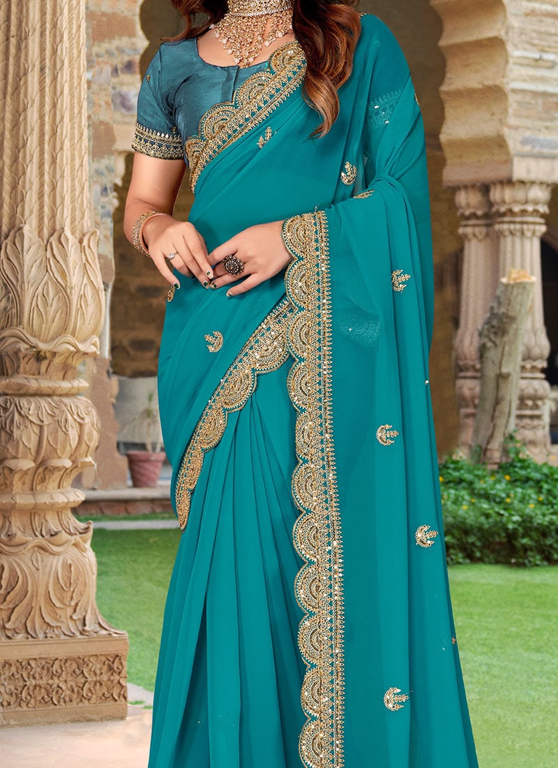 Shop Rama Blue Faux Georgette Embroidered Saree Party Wear Online at ...