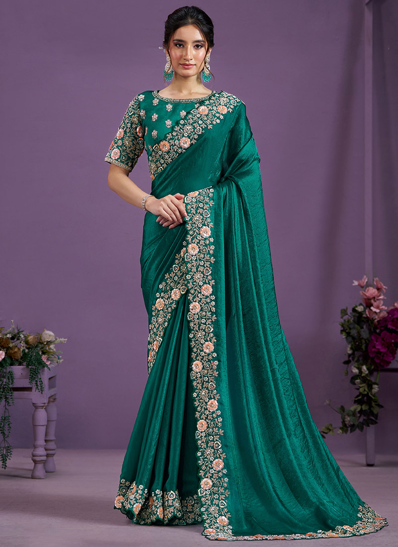 Buy Rama Blue Satin Silk Embroidered Stone And Beads Sequins Hand Work ...