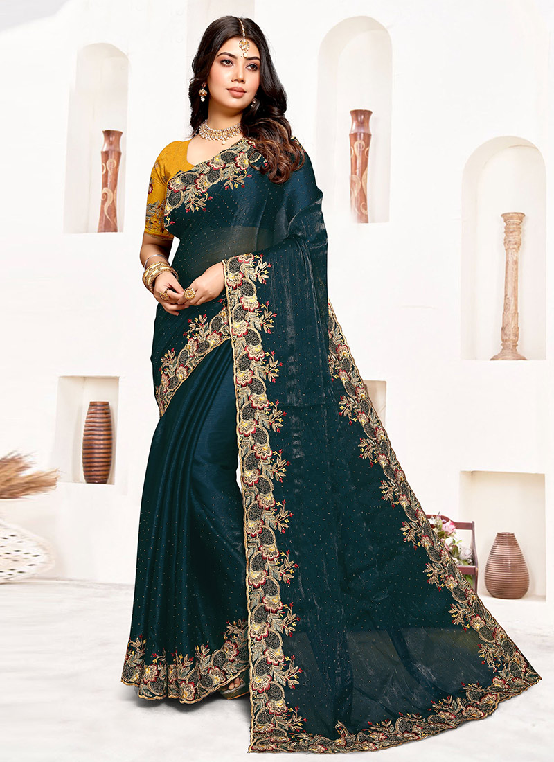Shop Rama Blue Satin Zari Embroidered Tikki Work Border Saree Party ...