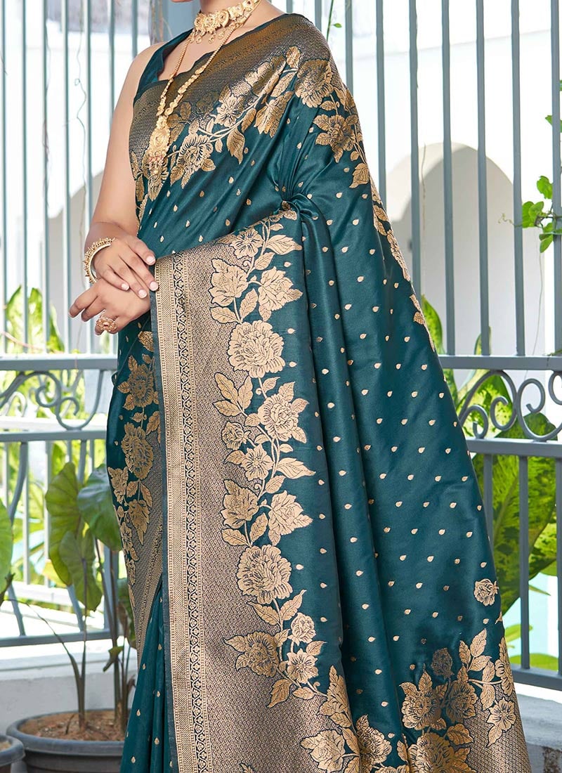 Shop Rama Green Zari Banarasi Silk Saree Festive Wear Online at Best ...