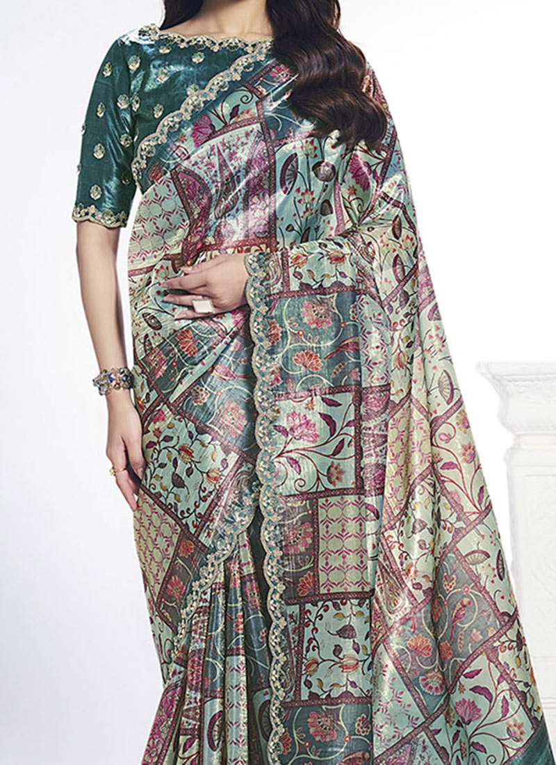 Buy Rama Green Satin Silk Embroidery With Stone Saree Festive Wear ...